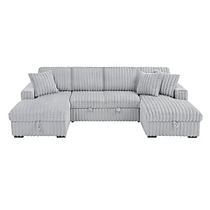 Olodumare 122’’ Oversized Sleeper Sectional Sofa with Pull Out Bed for Living Room, U-Shaped Convertible Couch with Double Chaise Storage for Small Space, Plush Comfy Corduroy Fabric Furniture, Grey