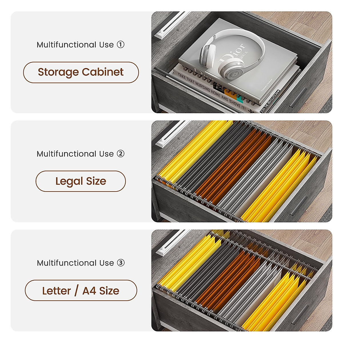 SEDETA L Shaped Office Desk, 66" Home Office Desk with File Drawer & Power Outlet, Gaming Desk with Led Lights, Corner Computer Desk with Monitor Shelf, Printer Storage Shelves, Two Person Desk, Grey