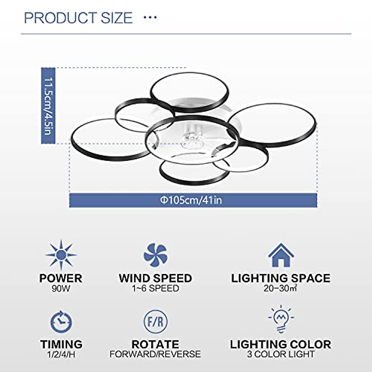 SNOWUNDER 41" Ceiling Fans with Lights, Flush Mount Celing Fan with Led Light and Remote Control for Living Room，Tri-Color Light 6-Speed Wind