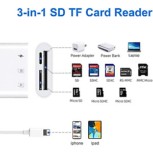 [Apple MFi Certified] Lightning to SD/Micro Card Reader for iPhone/iPad, 3 in 1 Memory Card Reader Adapter with Charging Port, Trail Game Camera SD Card Reader Viewer, No App Required Plug and Play