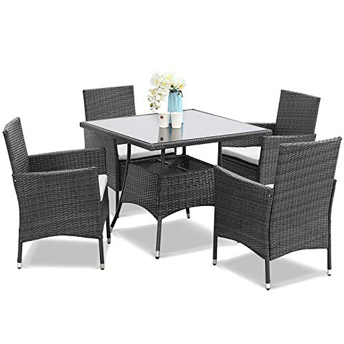 Odoor Direct 5 Piece Patio Dining Set, Patio Table and Chairs Set for 4, Wicker Outdoor Furniture, Square Tempered Glass Tabletop with Umbrella Hole, for Balcony, Backyard, Front Porch,Grey