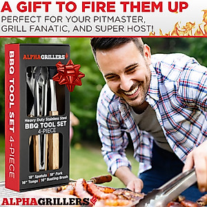 Alpha Grillers Grill Set Heavy Duty BBQ Accessories - BBQ Gifts Tool Set 4pc Grill Accessories with Spatula, Fork, Brush & BBQ Tongs - Grilling Cooking Gifts for Men Dad Durable, Stainless Steel
