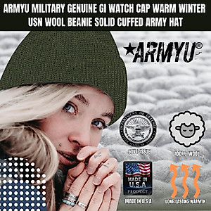 ARMYU Military Genuine GI Watch Cap Warm Winter USN Wool Beanie Solid Cuffed Army Hat (Black)