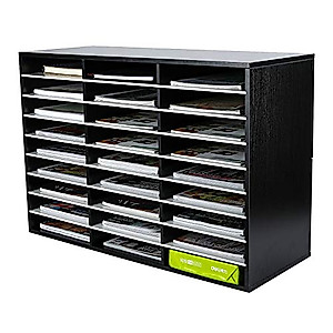 PAG Wood Literature Organizer Office Home File Sorter Mail Center Paper Storage Holder Classroom Keepers Mailbox, 27 Slots Compartment, Black&White