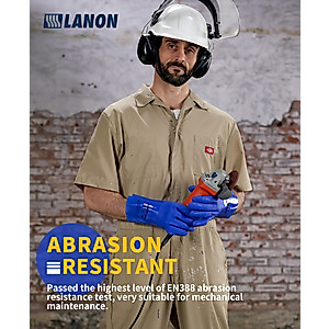 LANON PVC Chemical Resistant Gloves, Heavy-Duty Rubber Gloves, Acid, Alkali and Oil Protection, Non-Slip, Blue, Large
