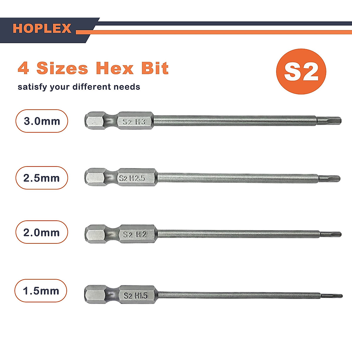 HOPLEX RC Hex Bit Set Hex Head Allen Wrench Drill Bit Set 1.5, 2.0, 2.5 & 3.0mm Upgrading of S2 Steel 1/4" Hex Shank 3.9" Long for Screwdrivers Bit Electric Screwgun/Power Drill RC Repair Working