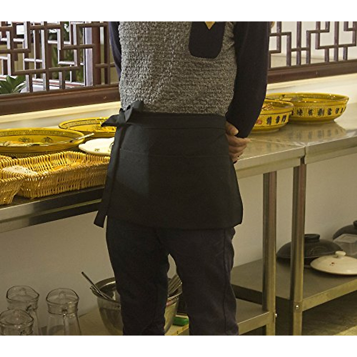 SEW UR LIFE (2 Set Resist Water 3 Big Pockets Waist Server Apron Kitchen Restaurant Bistro Cafe Bar Pub Cake Shop Bakery Unisex Half Aprons for Chef, Baker, Servers, Waitress, Waiter(Black)