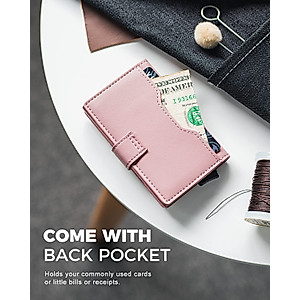 VULKIT Pop up Wallet Credit Card Holder with Leather Slots RFID Blocking Slim Metal Card Case for Men or Women(Rose)