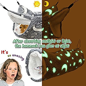 EAEDMY Luminous Noctilucent Glow Guinea Pig Rat Hammock Tunnel, Ferret Hanging Bunk Bed Hammock, Rat Ferret Guinea Pig Hideout and Soft Bed for Small Animals (1.Moon Bunkbed Hammock and Tunnel)