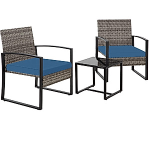 Seogwisam 3 Pieces Patio Furniture Set, Outdoor Wicker Conversation Bistro Set w/ 2 Chairs, 2 Cushions, Glass Coffee Table for Garden Balcony Backyard Porch Lawn - Grey Wicker & Blue Cushions