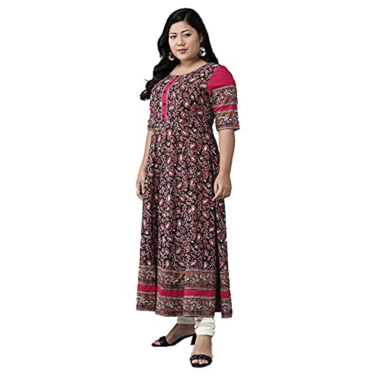 Yash Gallery Women's Plus Size Cotton Floral Printed Anarkali kurta (Black)