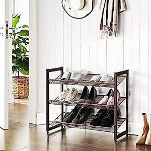 SONGMICS 3-Tier Shoe Rack Storage, Adjustable Metal Mesh Shoe Organizer Stand, Flat or Angled Stackable Shoe Rack Shelf for 9-12 Pairs, Shoe Tower for High Heels, Sneakers, Closet, Entryway, Bronze