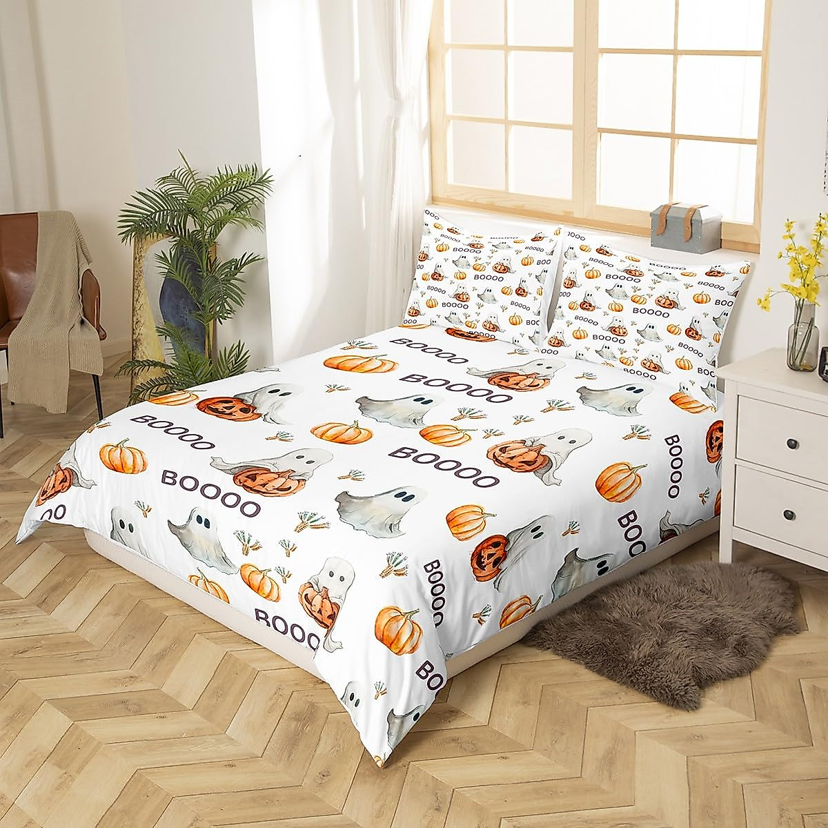 Manfei Halloween Kids Duvet Cover Set King Size, Autumn Pumpkin Comforter Cover, Cartoon Halloween Ghost Bedding Set for Boys Girls Adults Bedroom Decor, Lightweight Bedspread Cover, 2 Pillowcases