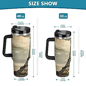 Flradish 40oz Tumbler with Handle, Vintage Eiffel Tower in Paris Stainless Steel Tumbler with Lid and Straws Double Wall Vacuum Insulated Leakproof Coffee Travel Mug