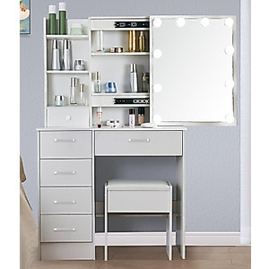 White Vanity Desk with Mirror and Lights, Makeup Vanity Desk with 5 Drawers of Storage, Bedroom Makeup Dressing Table with Stool, White (JTO-07)