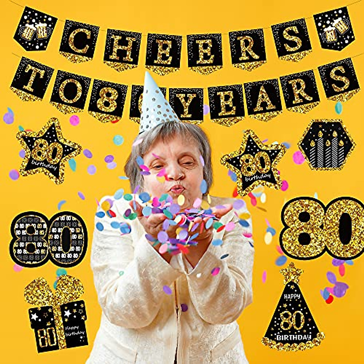 80th birthday decorations for men - (21pack) cheers to 80 years black gold glitter banner for women, 6 paper Poms, 6 Hanging Swirl, 7 decorations stickers. 80 Years Old Party Supplies gifts for men
