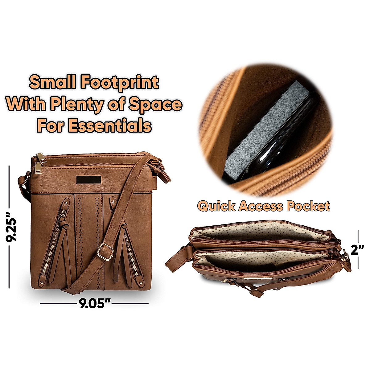 Multi-Pocket Crossbody Bags for Women, Lightweight Purses and Handbags, Vegan Leather Purses for Women with Tassel (Brown)