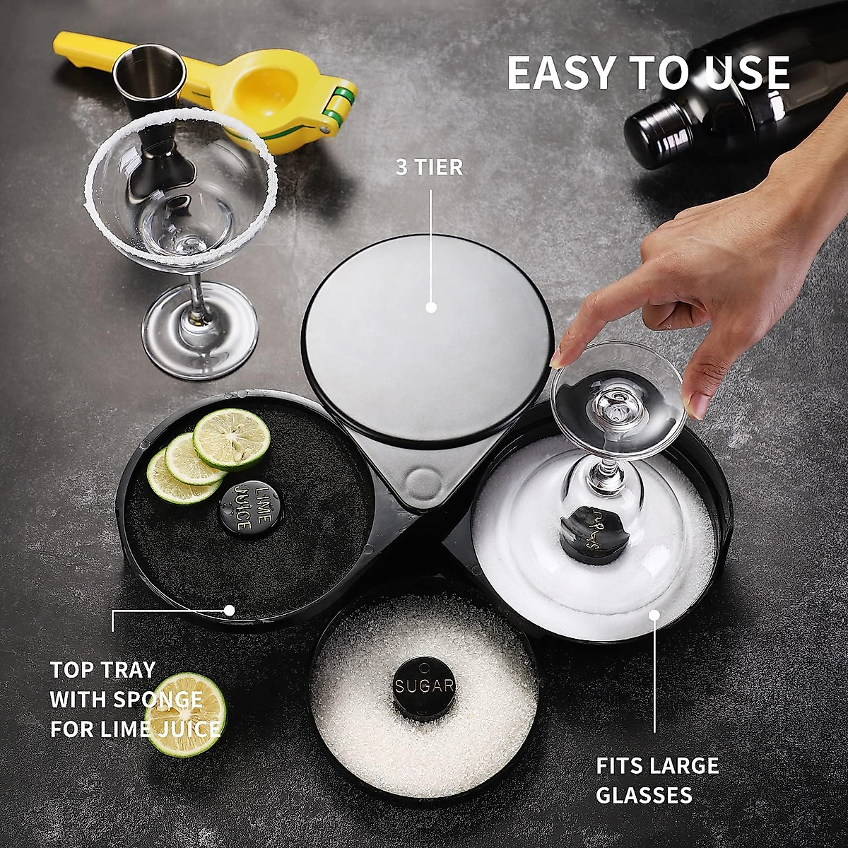 USEEKRIL Margarita Kit - Set of 2 Margarita Glasses (8.5oz), 3-Tier Salt Rimmer, Stainless Cocktail Shaker & Jigger, Coasters，Cocktails Cards，Citrus Squeezer and More - Margarita Kit Gift Set