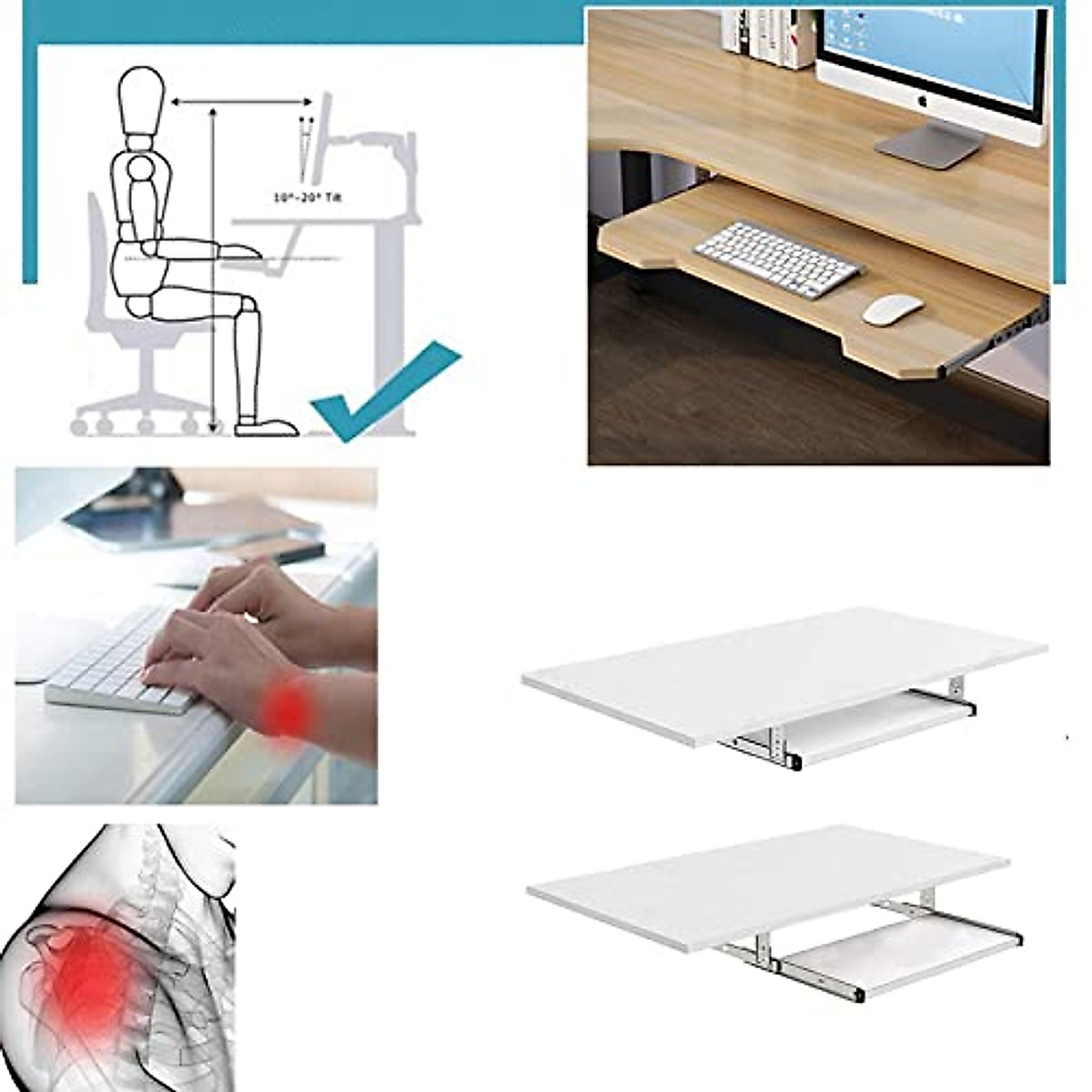 Computer Desk Keyboard Tray Shelf - Under Desk Sliding, Wooden Desk Extender Tray 54/60/70 cm, with Slide, Pull Out Keyboard Platforms Keyboard Drawer Height Adjustable