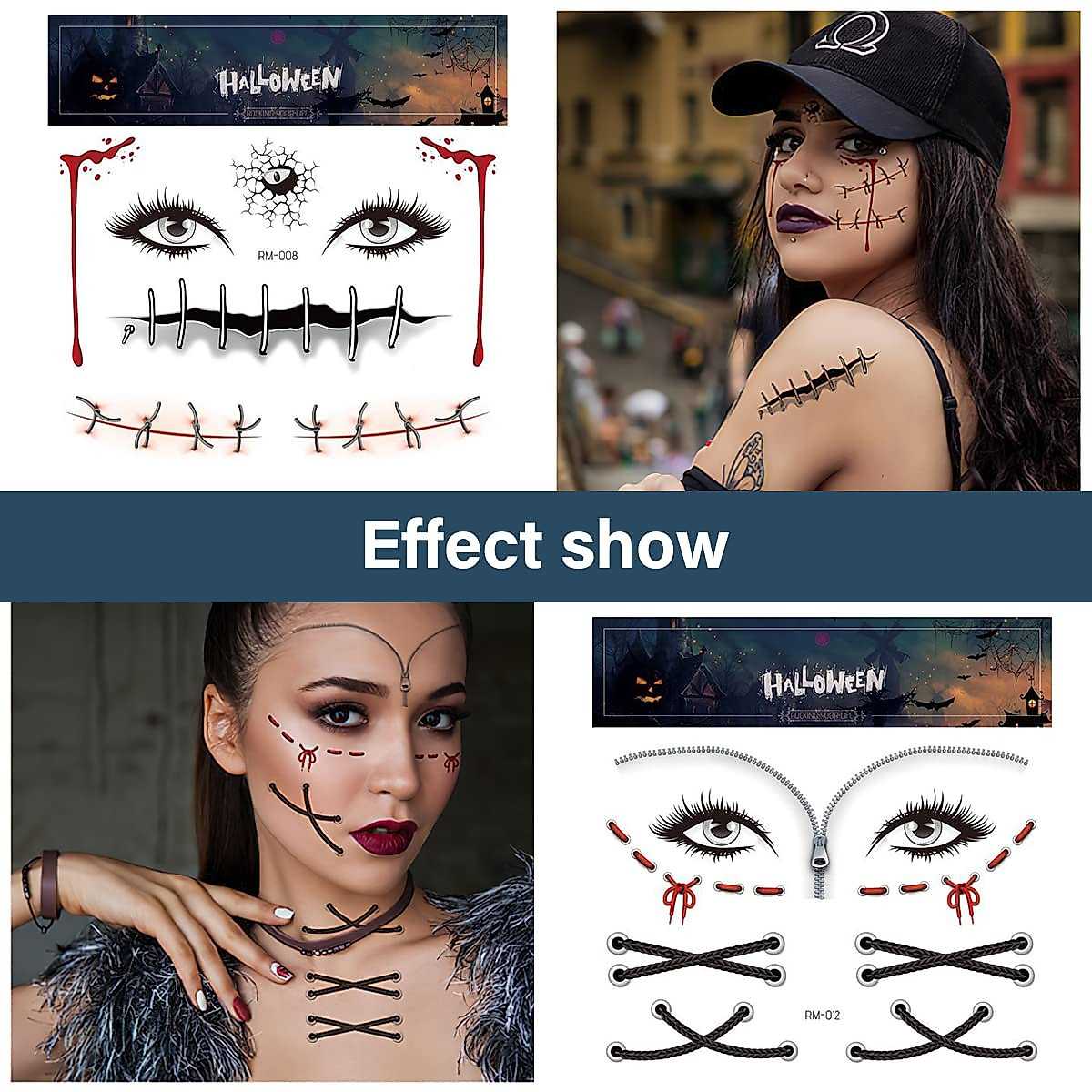 AUOCATTAIL 12 Count Halloween Temporary Tattoos Face Shoulder Arm Back Tattoos Stickers - Spider, Bat, Zombie, Scar for Death Day Makeup Face Tattoos for Women Men Party Supplies