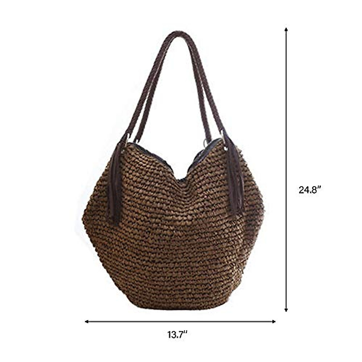 QTKJ Soft Large Straw Shoulder Bag with Brown Charm Leather Tassels, Boho Leather Handle Tote Retro Summer Beach Bag Rattan Handbag (Brown)