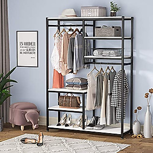 Tribesigns Free-standing Closet Organizer with 2 Hanging Rod, Garment Rack with 5 Storage Shelves for Bedroom (White)