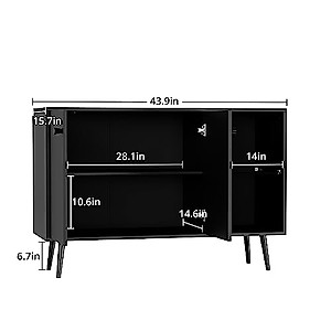 Cozy Castle Mid-Century Storage Cabinet, 44" Sideboard with Adjustable Glass Shelf, Kitchen Buffet Sideboard with Doors, Accent Coffee Bar Cabinet, Wine Bar for Kitchen, Dining Room, Black