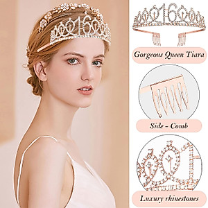 8pcs Sweet 16 Birthday Decorations for Girls, Including 16th Happy Birthday Cake Toppers, Birthday Queen Sash with Pearl Pin, Sweet Rhinestone Tiara Crown, Number Candles and Balloons Set, Rose Gold