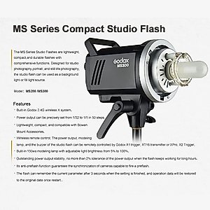 Godox MS300 300W 2.4G Built-in Wireless Receiver Lightweight, Compact and Durable Studio Flash Bowens Mount and 150W Modelling Lamp with Standard Reflective