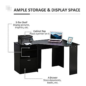 HOMCOM Computer Desk with Printer Cabinet, L-Shaped Corner Desk with Storage, Study PC Workstation for Home Office, Black