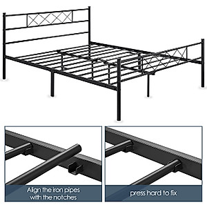 Yaheetech Queen Size Metal Platform Bed Frame Mattress Foundation with Headboard and Footboard No Box Spring Needed Under Bed Storage Steel Slats Black