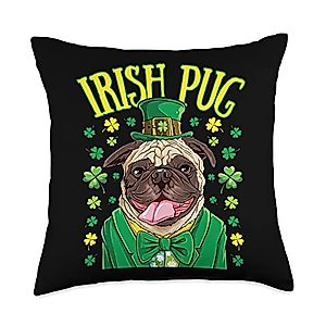 St. Patrick's Day Lucky Co Irish Pug St Patricks Day Boys Men Leprechaun Dog Shamrock Throw Pillow, 18x18, Multicolor