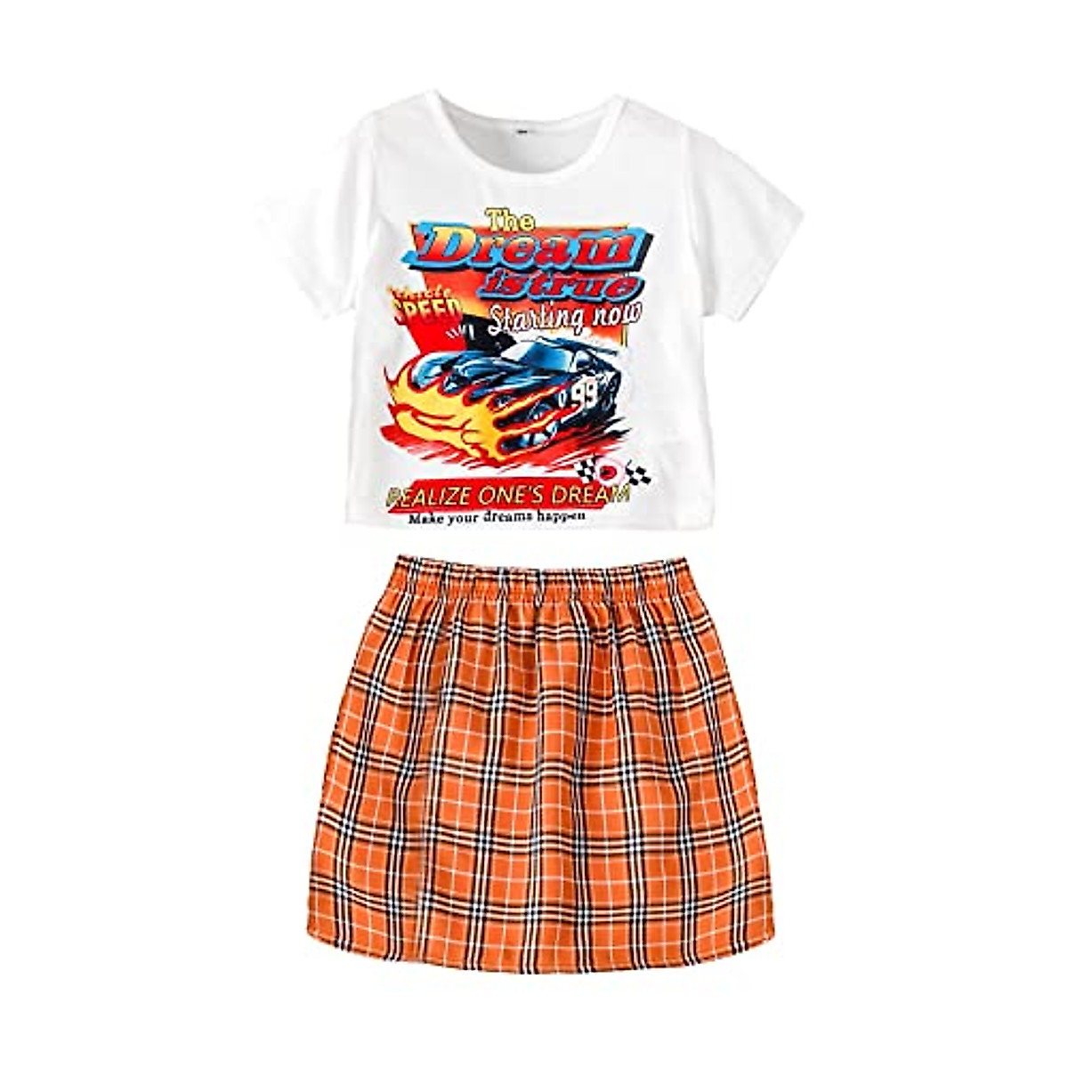 SOLY HUX Toddler Girl's 2 Piece Outfits Letter Car Graphic Print Short Sleeve Tee and Plaid Skirt Set Multicoloured 90