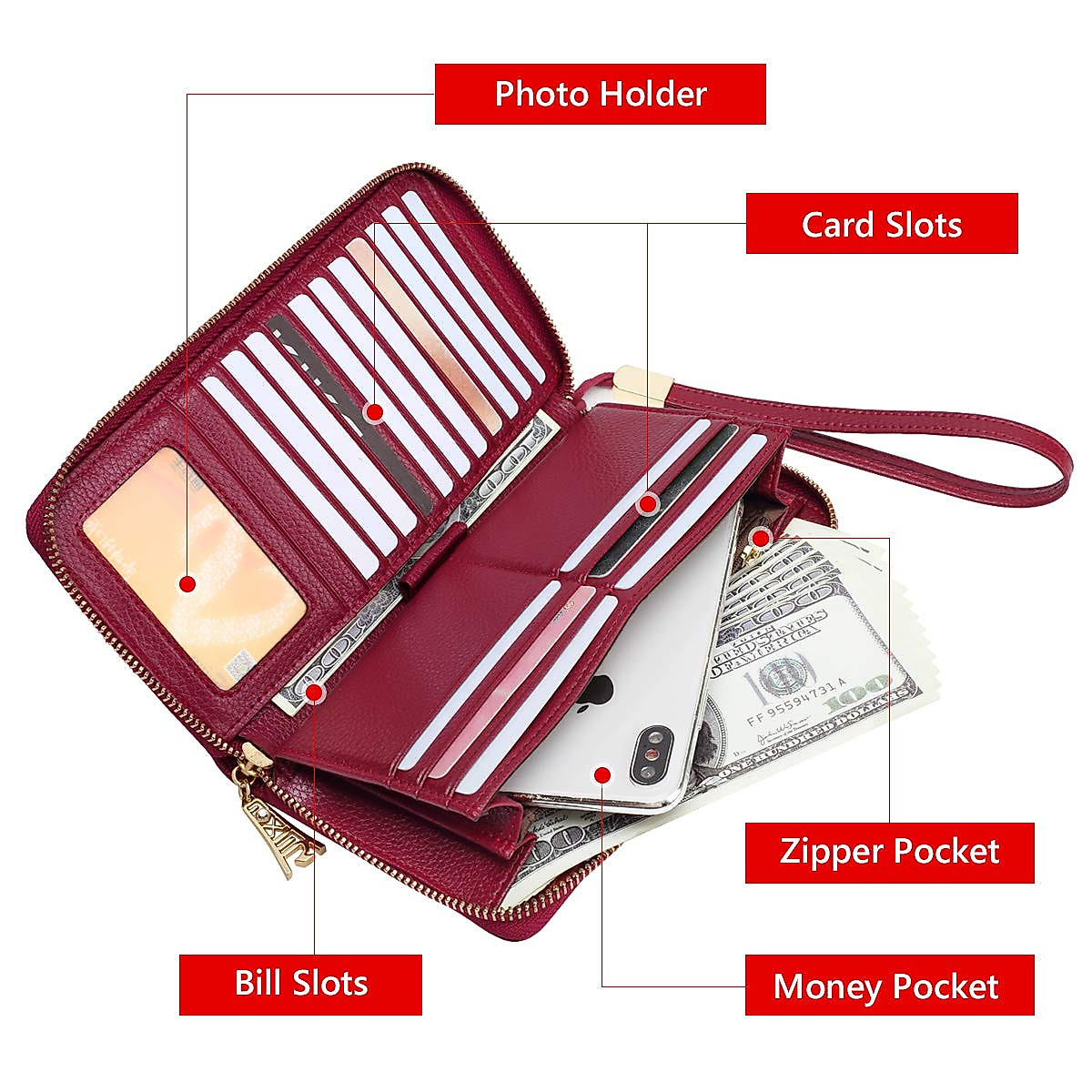 Leather Wallets for Women, Genuine Leather RFID Blocking 17 Card Slots Gift Box Packaging Ladies Purses with Zipper Coin Pocket Women's Long Wallets Womens Zip Around Wallets with Wristband (Red)