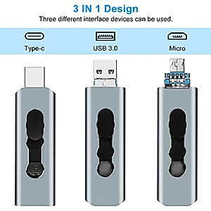 3-in-1 128GB Flash Drive, USB 3.0 Flash Drive for Android Phones/Tablets/PC/Mac, OTG External Data Storage Thumb with 3 Ports (USB C, microUSB, USB-A) for Samsung Galaxy and More