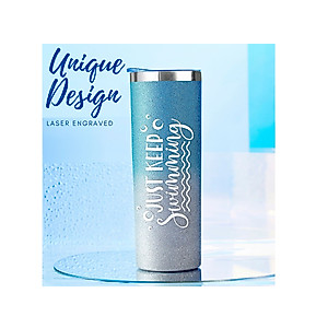 Onebttl Swimming Gifts, Swimmer Stainless Steel Skinny Tumbler for Women, Teen Girls, Teammate, Coach (20oz, Glitter Silver & Blue)-Just Keep Swimming
