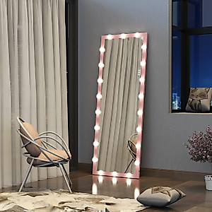 Tidyard Luxury Wall Standing Bedroom Hotel Full Length Mirror with LED Bulbs Touch Control Full Body Dressing Pink Hollywood Vanity Mirror with 3 Color Lights