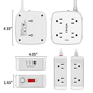 6 Ft Surge Protector Power Strip - 8 Widely Outlets with 4 USB Ports, 3 Side Outlet Extender with 6 Feet Extension Cord, Flat Plug, Wall Mount, Desk USB Charging Station, ETL,White