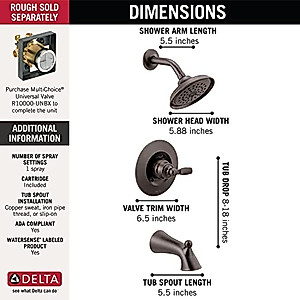 Delta Faucet Woodhurst 14 Series Single-Handle Tub and Shower Trim Kit, Shower Faucet with Single-Spray Touch-Clean Shower Head, Venetian Bronze T14432-RB (Valve Not Included)