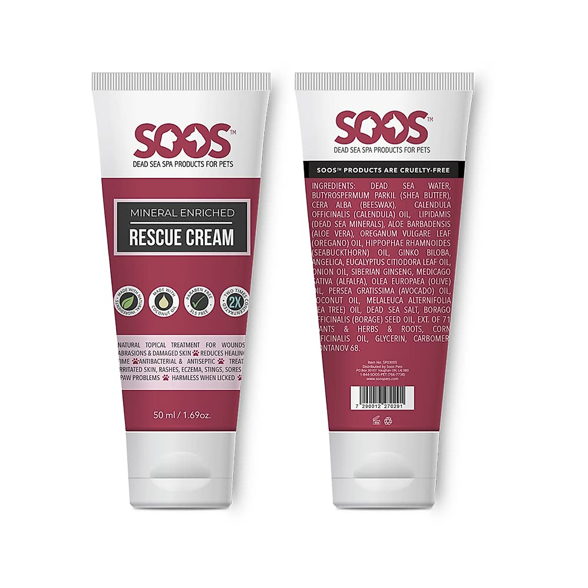Soos Pet Rescue Cream Natural Dead Sea Minerals Fast Absorbing Reduce Pain Treatment of Injuries Cuts Rashes Sores Wounds Damaged Skin for Dog and Cat - 1x Pets Rescue Cream (50ml)