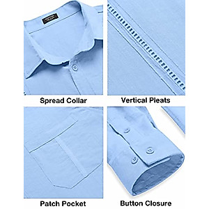 COOFANDY Mens Shirts Long Sleeve Cuban Camp Guayabera Shirt Linen Beach Button Down Shirts Light Blue
