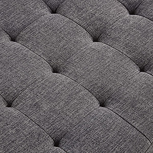 24KF Large Square Upholstered Tufted Linen Ottoman Coffee Table, Large Footrest Ottoman with Solid Wood Shelf-Dark Gray