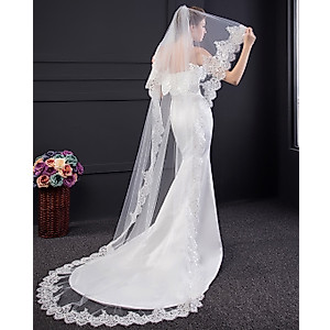 EllieHouse Chapel Length 2 Tier Sequin Lace Wedding Bridal Veil For Bride Ivory