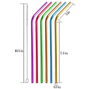 6Pcs 10.5"Drinking Straws, Stainless Steel Straws, Reusable Metal Straws, Rainbow Colorful Straws for 20 30oz Stainless Tumblers Rumblers Cold Beverage, Free Cleaning Brush Included, Bent