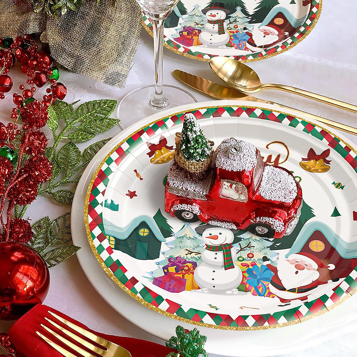 AFZMON 50 Pack Christmas Party Plates Dessert Paper Dinnerware Plates, 7 Inch Snowman Santa Gift Box Wooden Cottages Theme Disposable Round Plate for Xmas Holiday Party Supplies