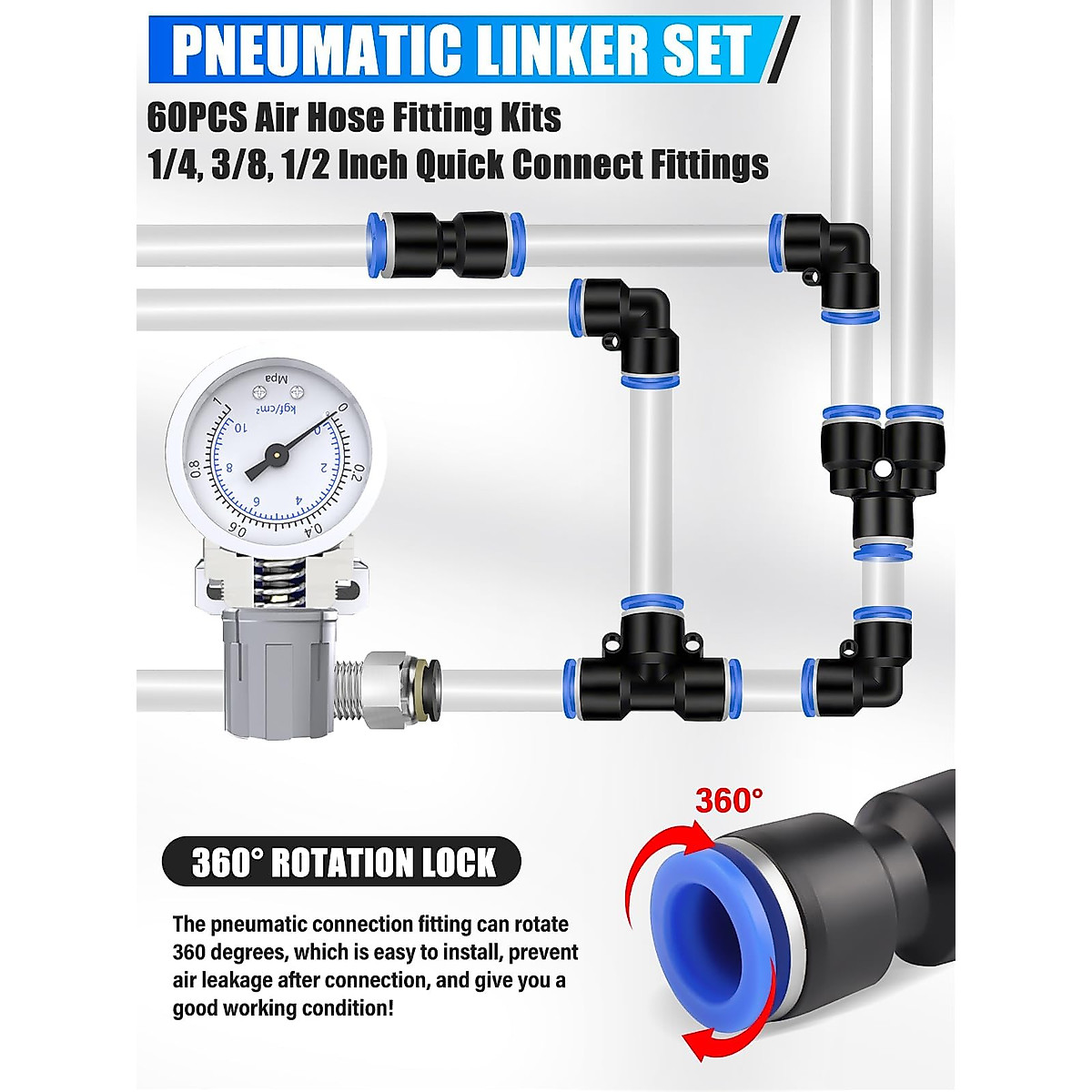 60PCS DOT Air Line Fitting Kit Kalolary Quick Connect Hose Fitting for Pneumatic Pipe 1/2 3/8 1/4 1/8" Push To Connect Fittings with NPT Threads Air Hose Fitting Air Tool Accessories for Workshop Car