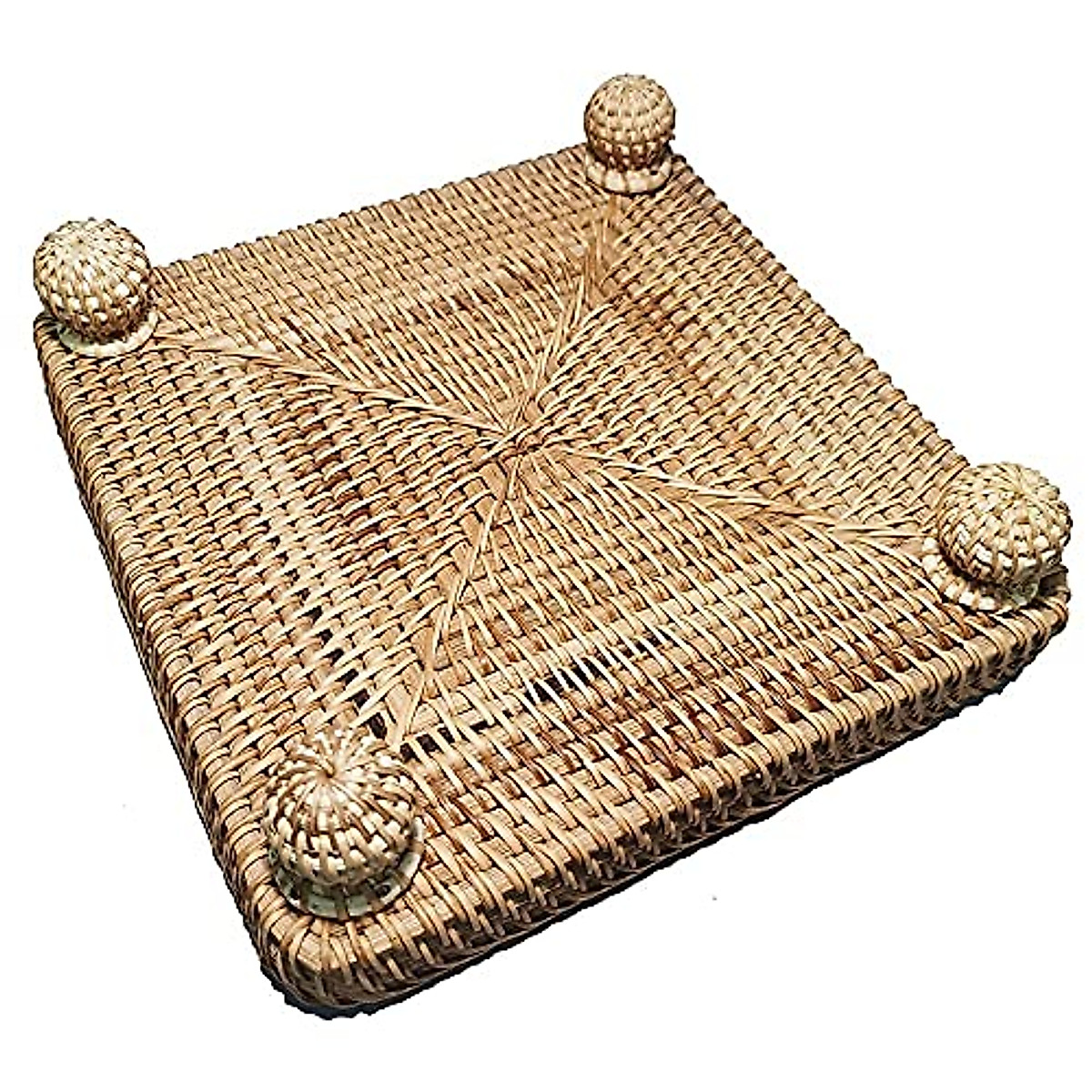 9 Inch Rattan Serving Basket, Square Woven Bowl with 1”Side and Pedestal Stand, Flat Wicker Decorative Snack Basket Trays for Bread, Fruit, Keys, Candy Dish, Rustic Platter, Display Riser, Exxacttorch