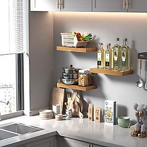 TREEMBER Wooden Floating Shelves for Wall 15.7" Rustic Wall Mounted Shelves Set of 3 Natural Paulownia Wood Shelves Décor for Bedroom,Living Room,Kitchen (Brown)