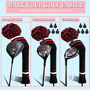 Golf Club Head Covers Knit for Woods Driver Fairway Hybrid Head Cover Knitted Pom Pom Stripes Pattern for Main Wood Clubs (Black&Red-3pcs(D+F+H))