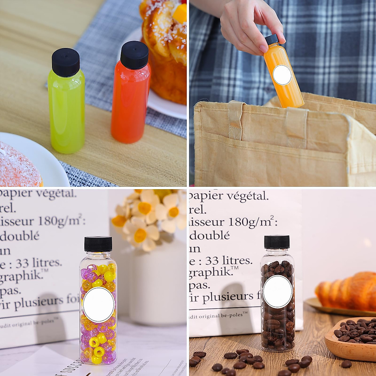 Moretoes 2oz Shot Bottles with Caps, 12pcs Plastic Juice Bottles, Reusable Leak-proof Containers with Cap for Juices, Ginger Shot, Smoothie and Other Liquids